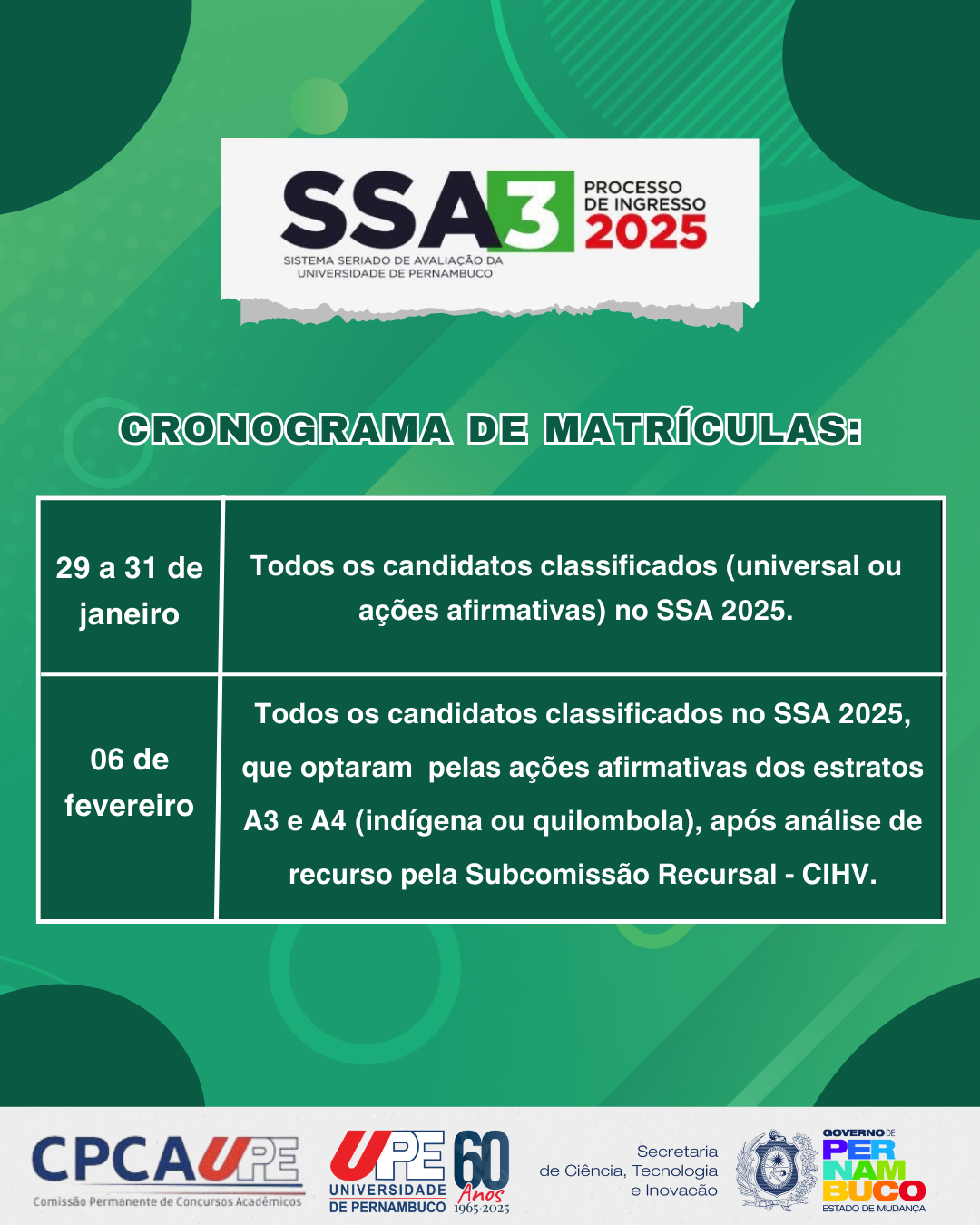 Cronograma de Matrículas: SSA 2025 - Universidade de Pernambuco